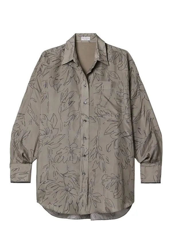 Brunello Cucinelli Floral-print Silk-charmeuse Shirt - Green