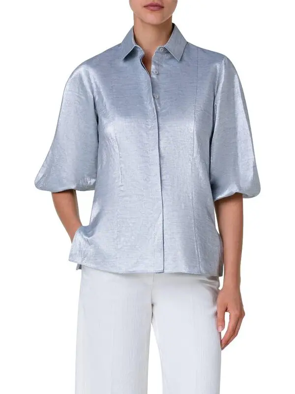 Akris Metallic Puff-sleeve Button-up Shirt - Silver Blue