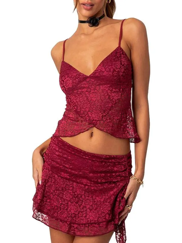 EDIKTED Ruby Sheer Lace Crop Camisole - Burgundy