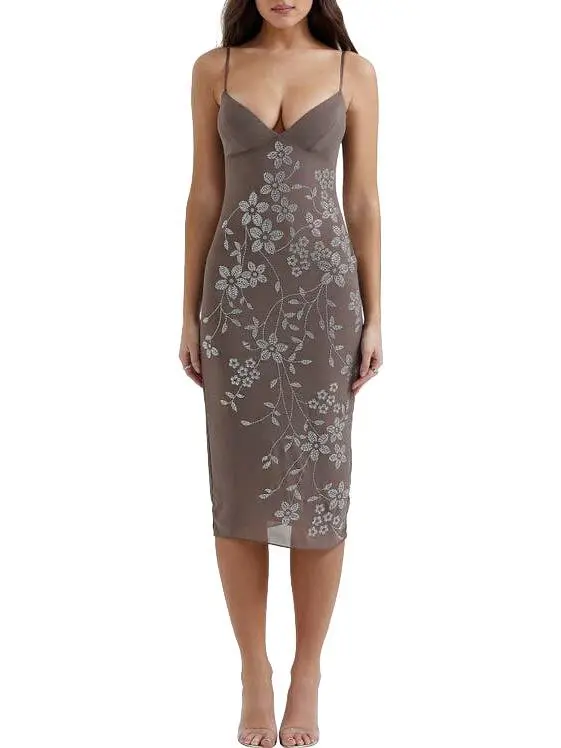 House Of Cb Blanca Rhinestone Cocktail Midi Dress - Pebble Grey
