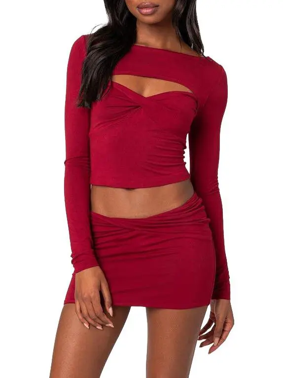 EDIKTED Lara Cut Out Twist Front Top - Burgundy