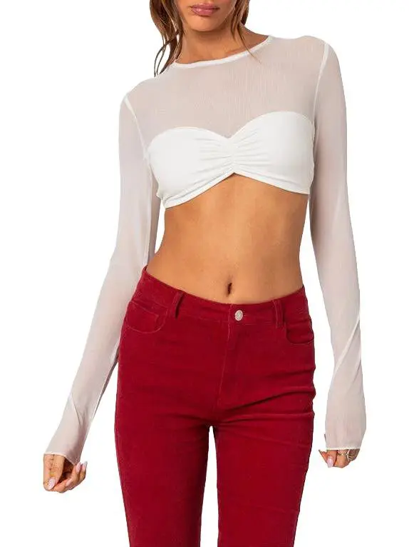 EDIKTED Sheer Crop Top - White