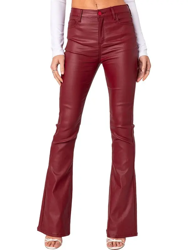 EDIKTED Luna Faux Leather Flare Pants - Burgundy