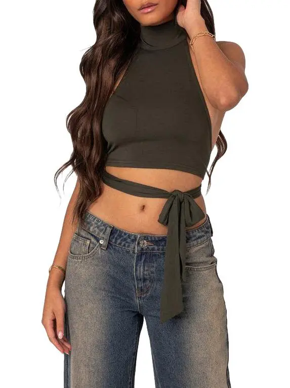 EDIKTED Hamlin Wrap Tie Halter Neck Crop Top - Olive