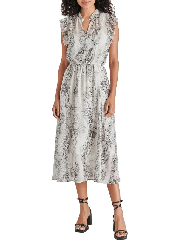 Steve Madden Snakeskin Print Ruffle Chiffon Midi Dress - Black/white