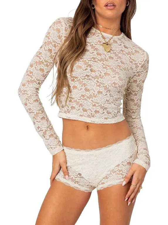 EDIKTED Estella Sheer Lace Crop Top - Cream
