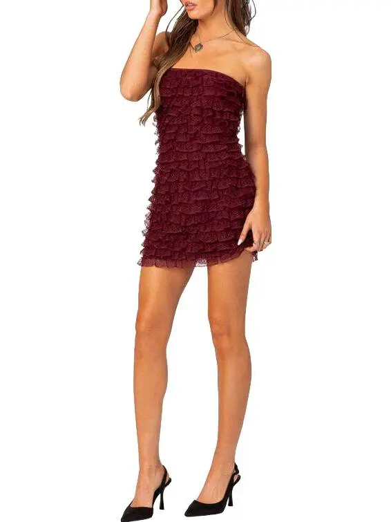 EDIKTED Rinna Ruffle Lace Minidress - Burgundy