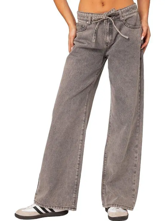 EDIKTED Tie Belt Wide Leg Jeans - Light-gray