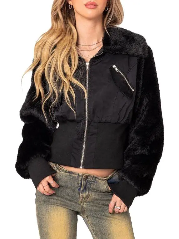 EDIKTED Malliora Faux Fur Trim Bomber Jacket - Black