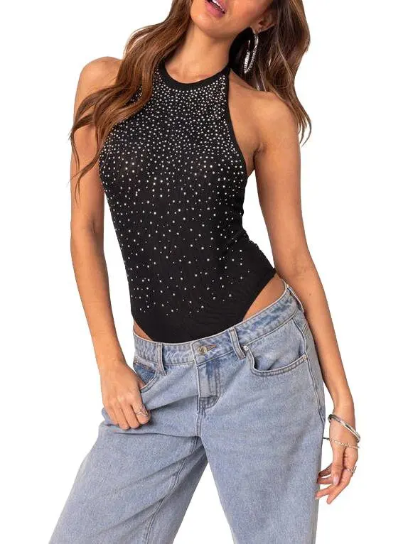 EDIKTED Rhinestone Mesh Halter Bodysuit - Black