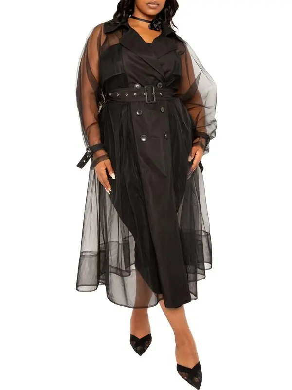 BUXOM COUTURE Belted Sheer Tulle Trench Coat - Black