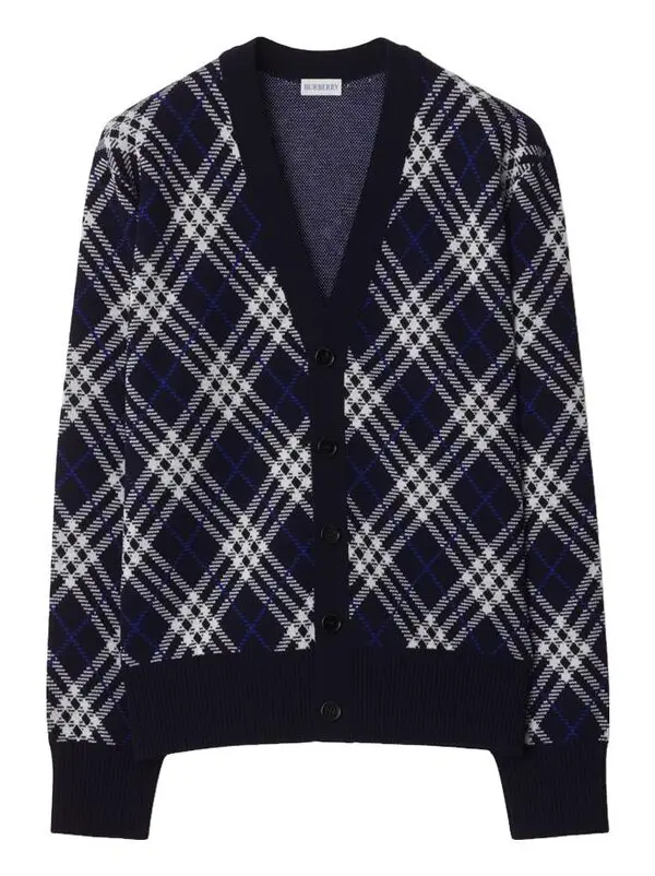 Burberry Check Wool Blend Cardigan - Ink Blue