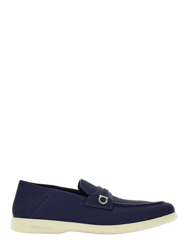 FERRAGAMO Gancini-plaque Leather Loafers - Blue