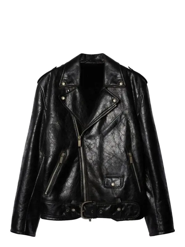 Off-White Crinkled Leather Biker Jacket - Black