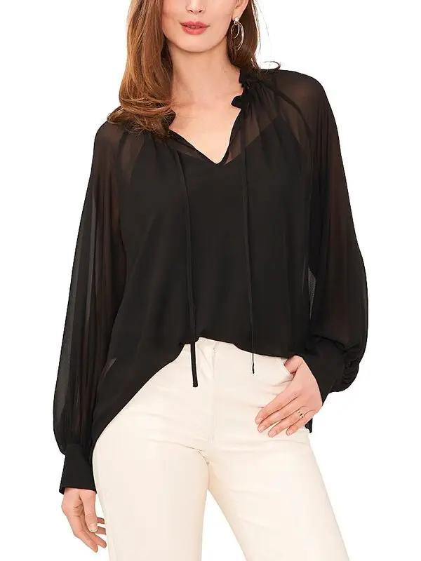 Vince Camuto Sheer Split Neck Top With Tie Detail - Rich Black