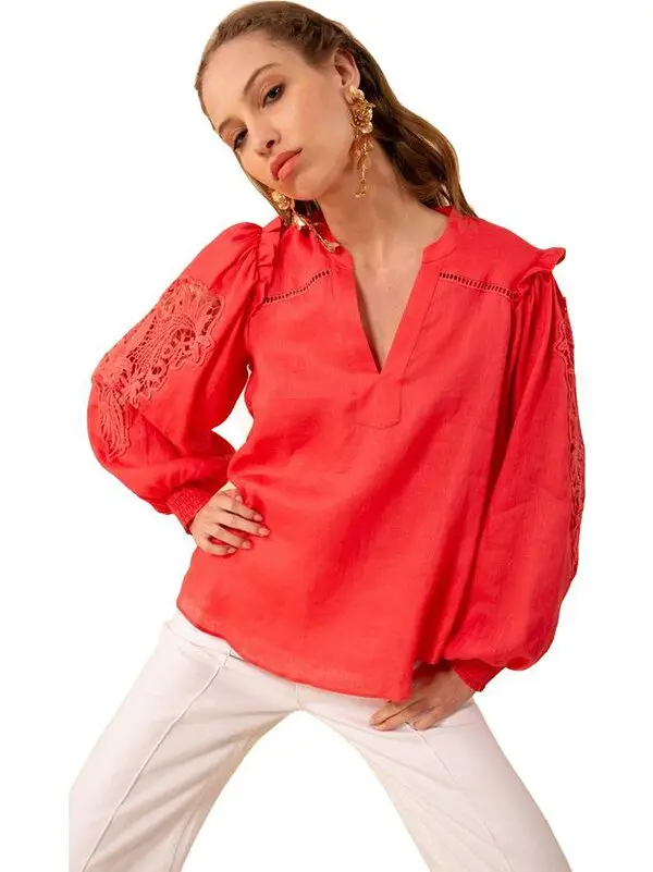 Hale Bob Reese Linen Top - Red / Orange