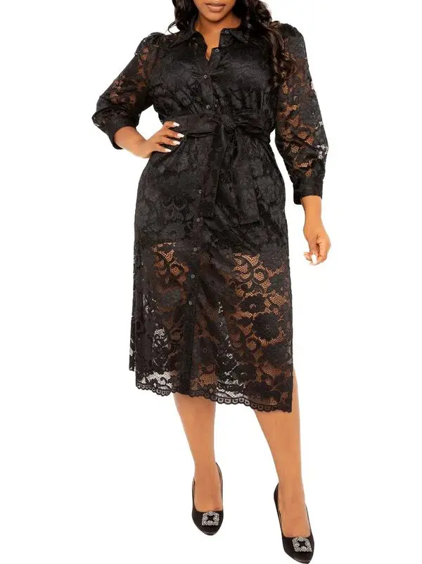 BUXOM COUTURE Floral Lace Midi Shirtdress With Tie Belt - Black