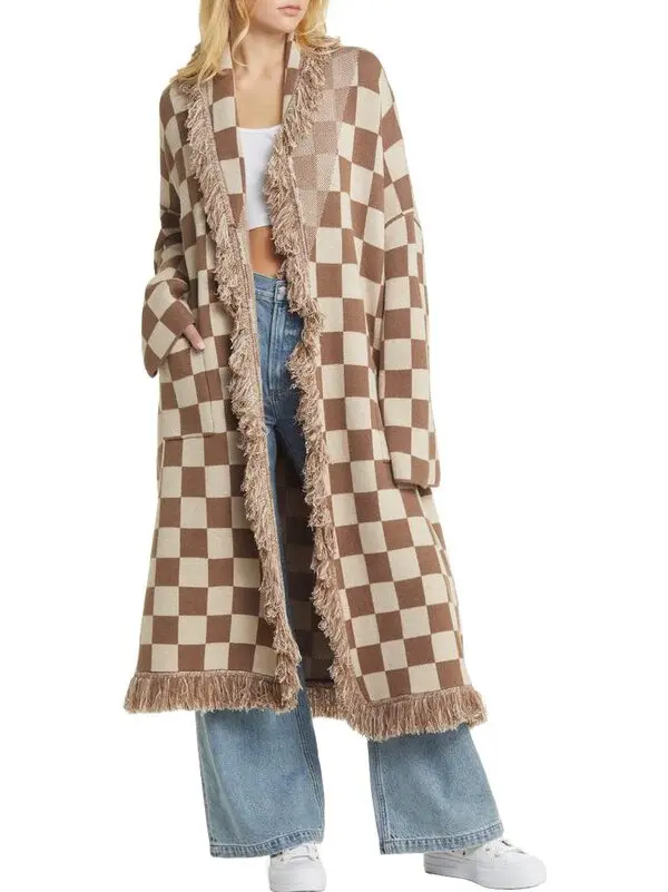 DRESSED IN LALA Fringe Blanket Cardigan - Tan Check