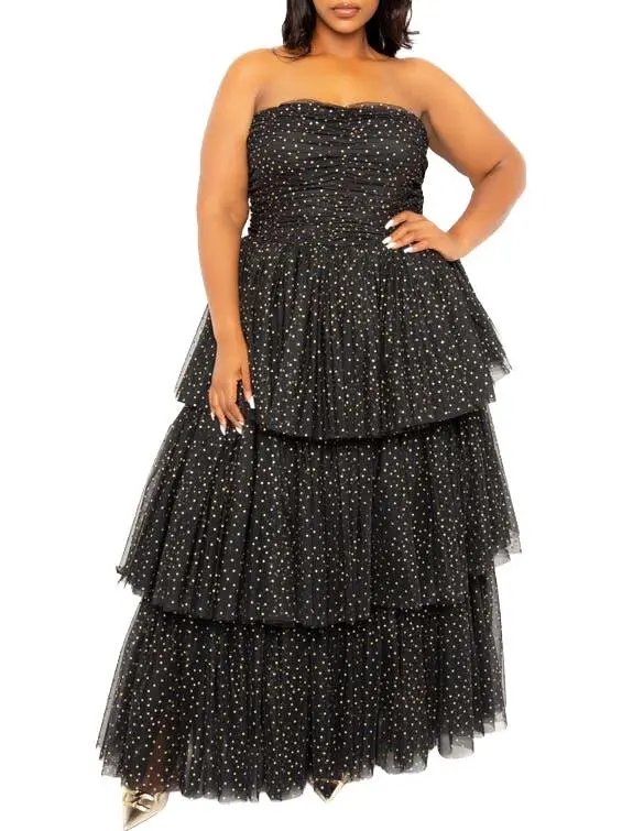 BUXOM COUTURE Metallic Polka Dot Strapless Tiered Tulle Gown - Black