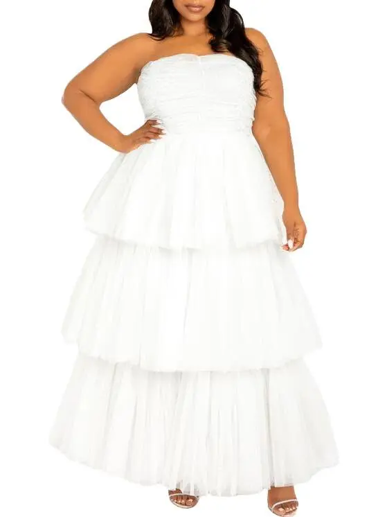BUXOM COUTURE Metallic Polka Dot Strapless Tiered Tulle Gown - White