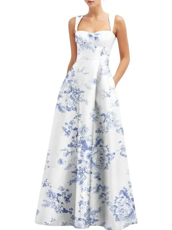 Alfred Sung Floral Lace-up A-line Gown - Cottage Rose-larkspur Print