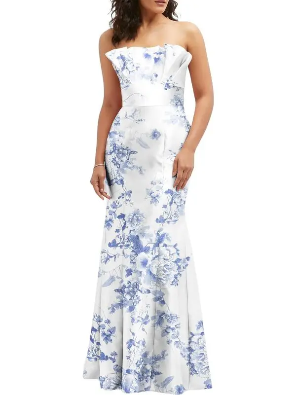 Alfred Sung Floral Ruffle Strapless Trumpet Gown - Cottage Rose-larkspur Print