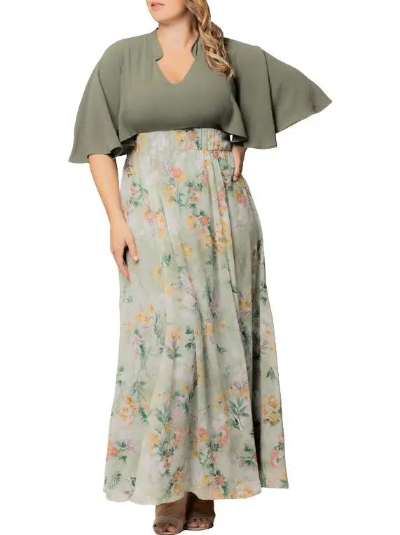 KIYONNA Avisa Flutter Sleeve Maxi Dress - Sage Floral Print