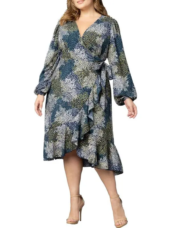 KIYONNA Julia Long Sleeve Midi Wrap Dress - Blue Impressionist Print