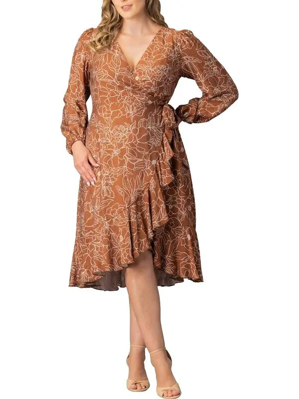 KIYONNA Julia Long Sleeve Midi Wrap Dress - Chocolate Floral Print