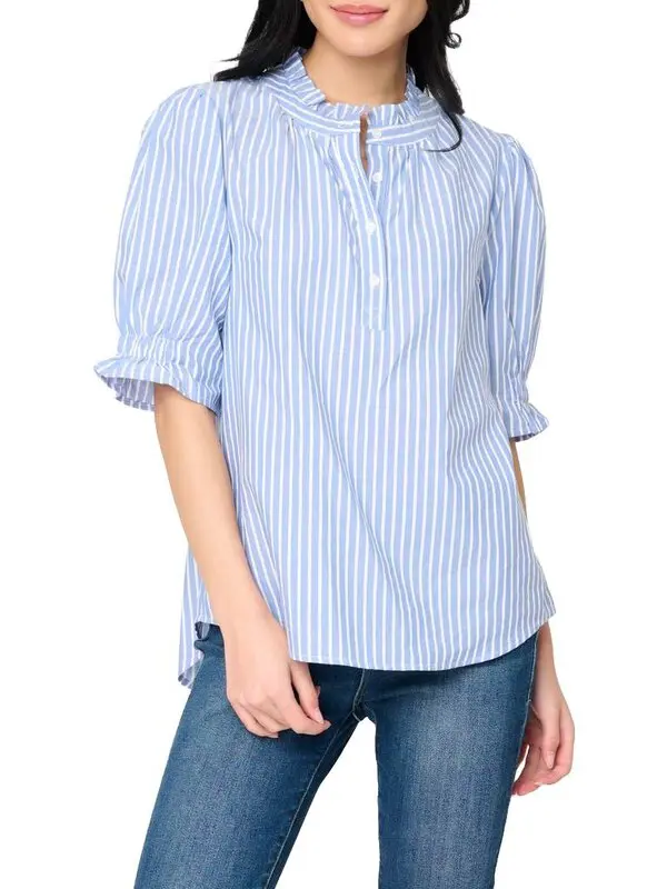 GIBSONLOOK Dianthus Puff Sleeve Henley Shirt - French Blue/white Stripe