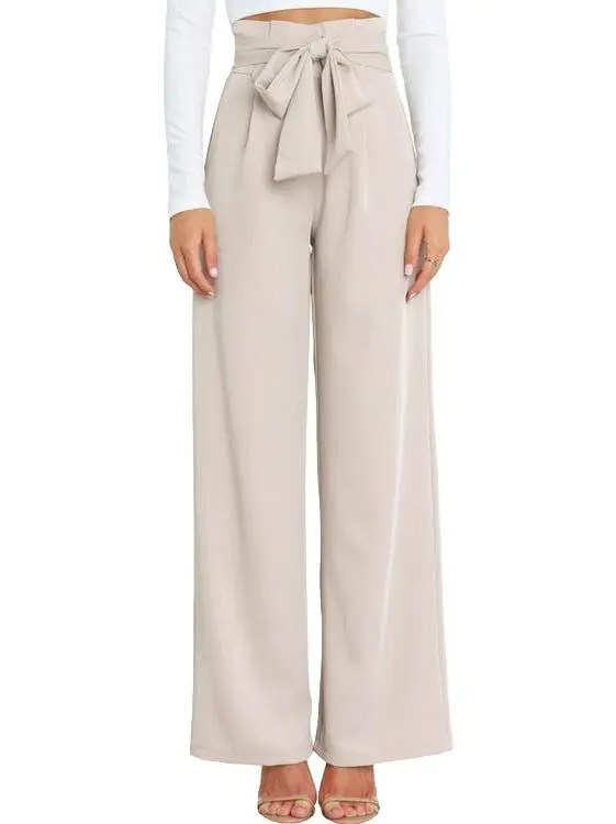 PETAL & PUP Kieran Tie Waist Wide Leg Pants - Beige