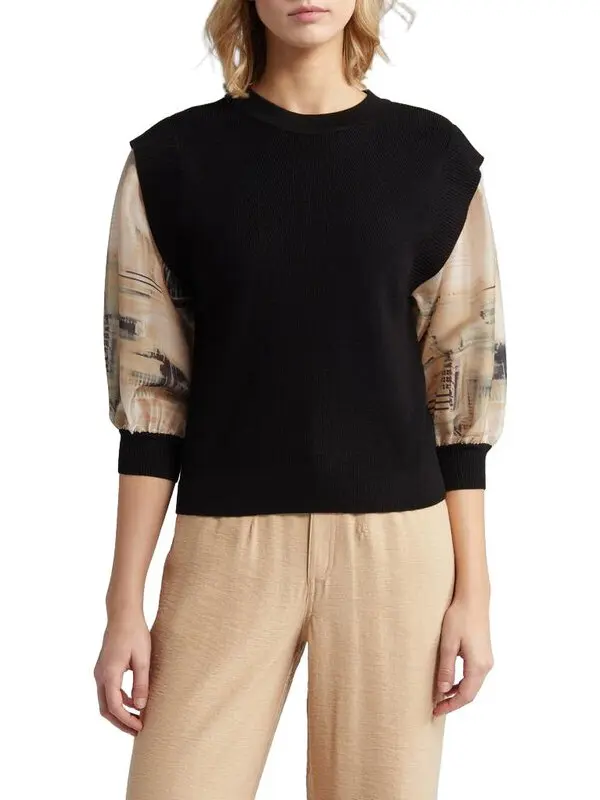 Dkny Organza Sleeve Mixed Media Sweater - Black/ Ivory/ Sandalwood Multi