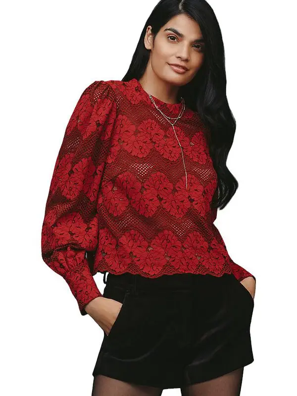 DOLAN LEFT COAST Mock-neck Lace Blouse - Burgundy
