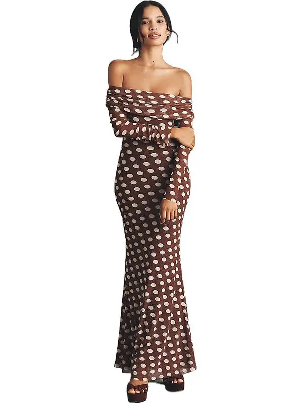 AFRM Long-sleeve Off-the-shoulder Mesh Maxi Dress - Chocolate Halo Dot