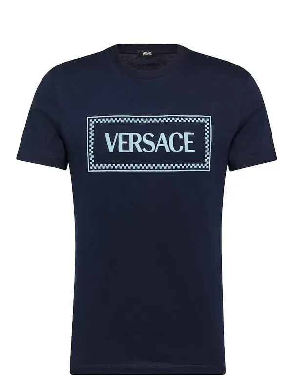 Versace Logo Embroidered Cotton Jersey T-shirt - Blue
