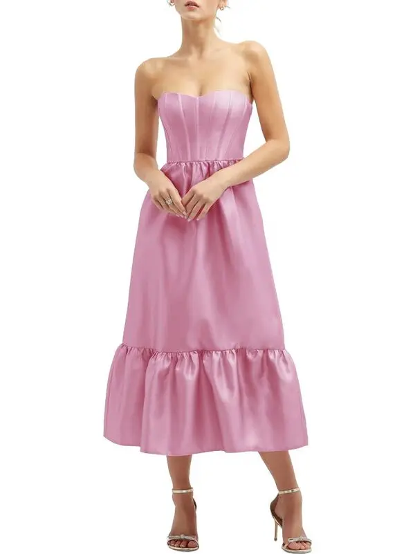 Dessy Collection Corset Ruffle Hem Strapless Satin Midi Dress - Powder Pink