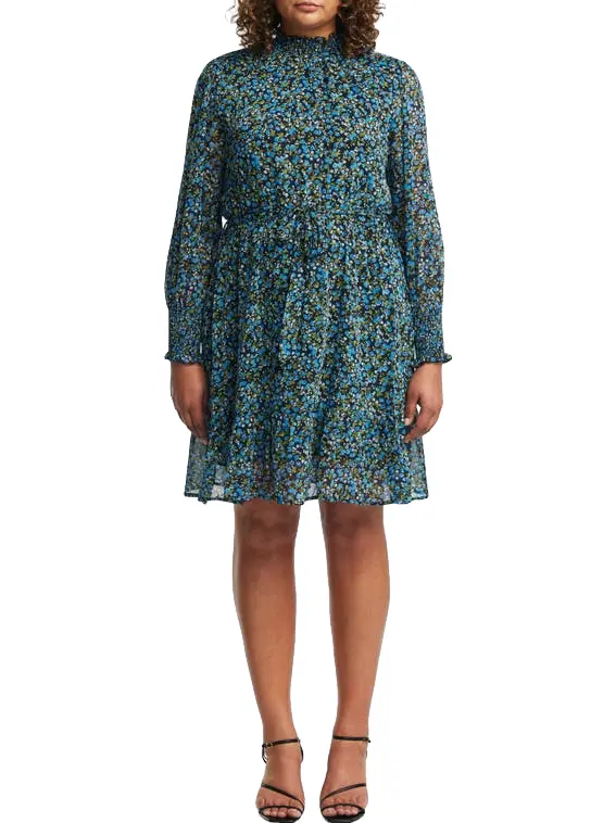 ESTELLE Floral Print Long Sleeve Dress - Blue/ Green