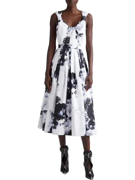 Alexander McQueen Chiaroscuro Floral Cotton Poplin Fit & Flare Dress - Ink