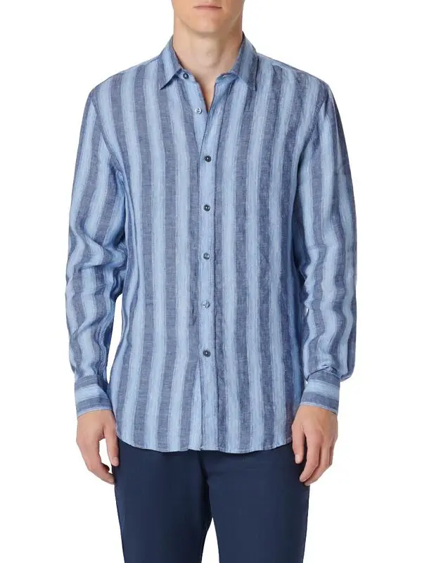 Bugatchi Julian Shaped Fit Stripe Linen Button-up Shirt - Classic Blue