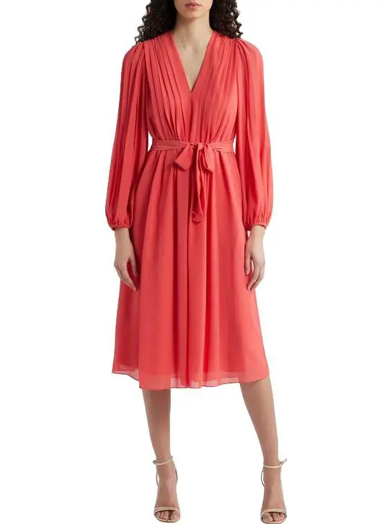 Kobi Halperin Tatum Pleated Tie Waist Long Sleeve Dress - Poppy