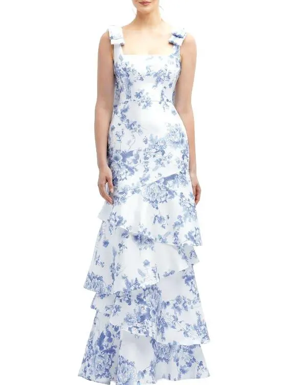 Dessy Collection Floral Print Ruffle Gown - Cottage Rose-larkspur Print