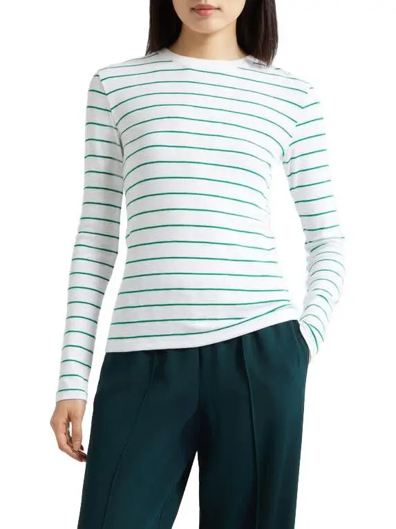 Vince Stripe Long Sleeve Crewneck Top - Emerald Combo