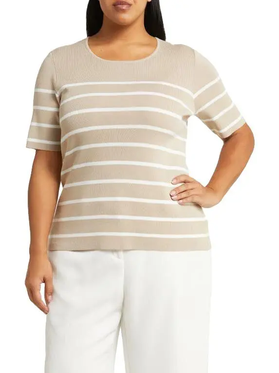 TAHARI ASL Stripe Short Sleeve Sweater - Sand Ivory