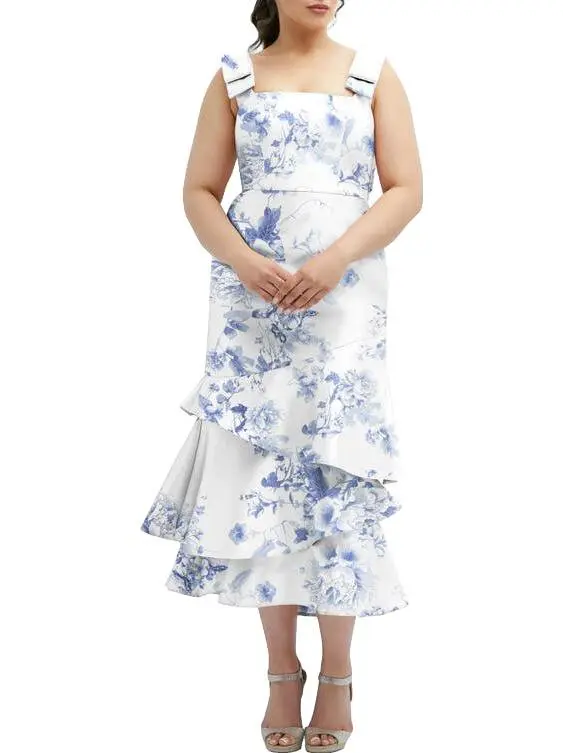 Dessy Collection Floral Print Ruffle Satin Midi Dress - Cottage Rose-larkspur Print