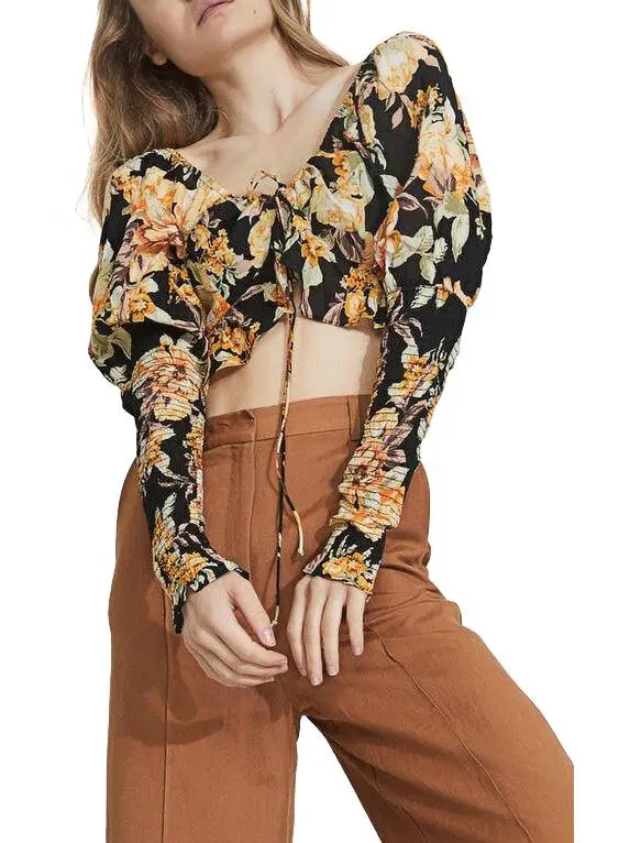 Bardot Floral Tie Crop Top - Black Bold Floral