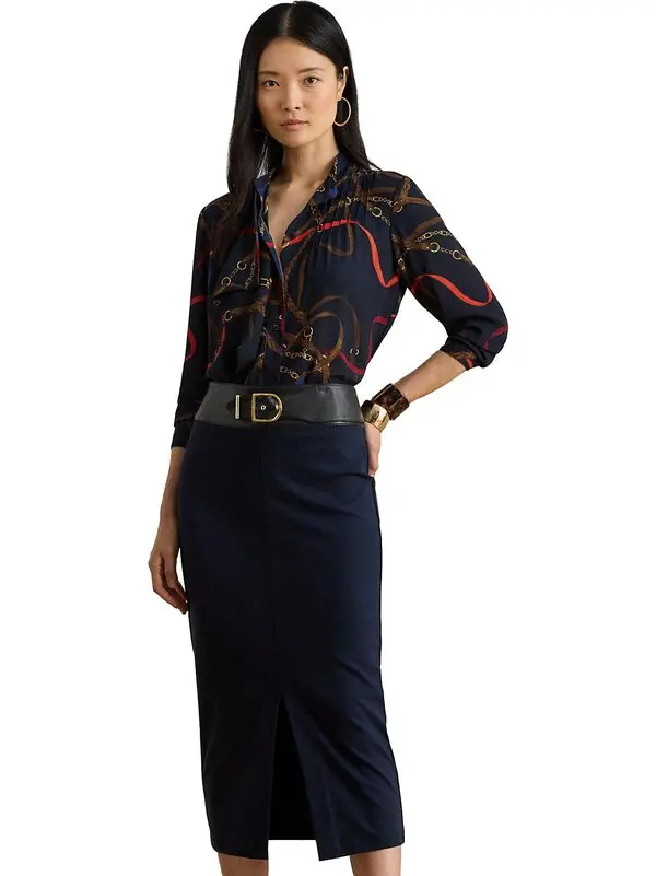 Ralph Lauren Buckle-trim Ponte Pencil Midi Skirt - Lauren Navy