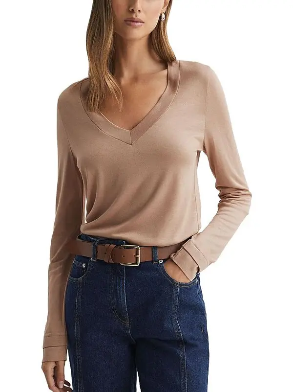 REISS Brady V-neck Top - Camel