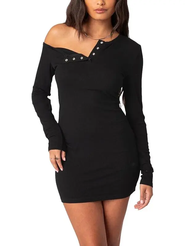 EDIKTED Soleste Ribbed Mini Dress - Black
