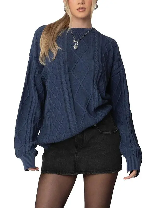EDIKTED Jessy Cable Knit Oversized Sweater - Blue
