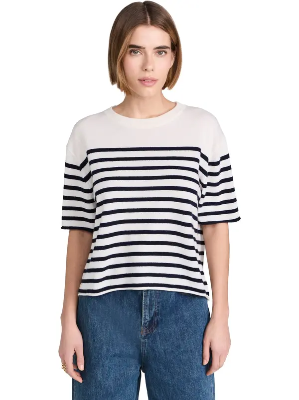 LISA YANG Cila Stripes Cashmere T-shirt - Cream/navy Stripes